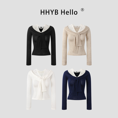 HHYB别来无恙 2025纯欲风辣妹慵懒休闲飘带v领长袖针织衫M1279