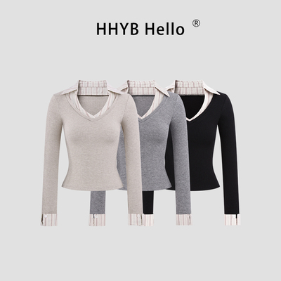 HHYB别来无恙 假两件针织打底桃心领收腰T恤修身打底衫上衣251007