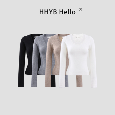 HHYB别来无恙 U领设计桑蚕丝水貂绒内里针织衫女长袖打底衫M1441