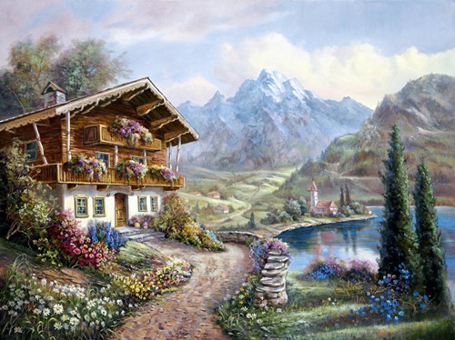 新款印花新款法国正品DMC十字绣风景名画油画 山间湖畔小木屋