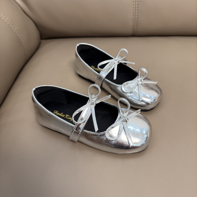 女童皮鞋银色洋气蝴蝶结新款方头