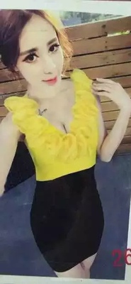 夜店女装带胸垫黄色木耳边性感修身包臀显瘦紧身无袖背心连衣裙