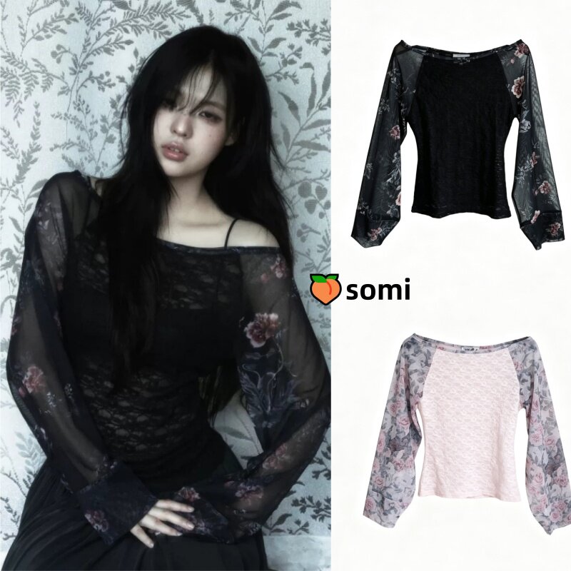 somi家直邮~26夏季hanttam蕾丝碎花拼接花朵网纱长袖T恤女上衣女8
