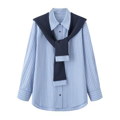【商场同款】2025年冬季新款可拆卸披肩条纹长袖衬衫A1FCF330J