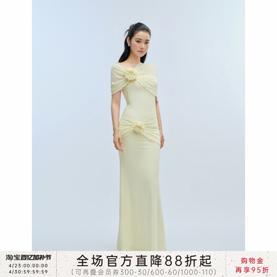 醋酸手工花朵抹胸披肩连衣裙