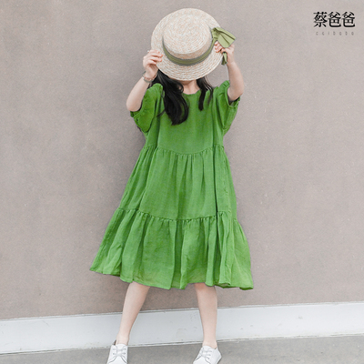 女连衣裙夏纯苎麻绿色裙子