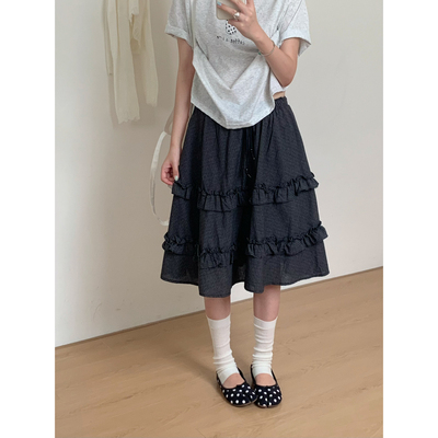 lower April（FA）-半裙藏蓝色荷叶边多层裙摆通勤裙半身裙170586