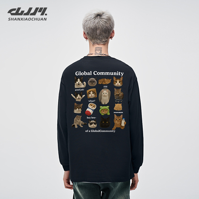 山小川黑色打底衫男士早秋衣服纯棉猫咪印花圆领内搭男生长袖t恤