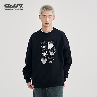 山小川草莓印花重磅加绒圆领卫衣男款冬季情侣青少年无帽加厚长袖