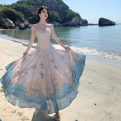 余音岛屿法式晕染海岛度假印花吊带连衣裙气质长裙子