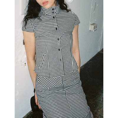 DOSORDONTS【秋分限定价】黑白格纹内袋外露不对称短款瓦片袖衬衫