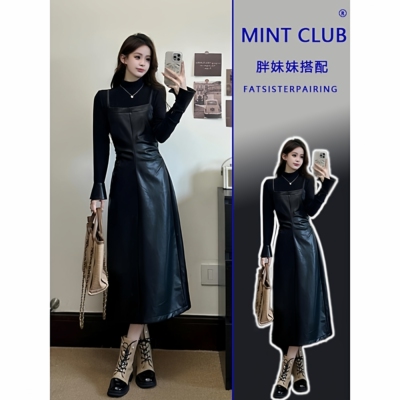 法式气质立领拼接假两件长袖裙子