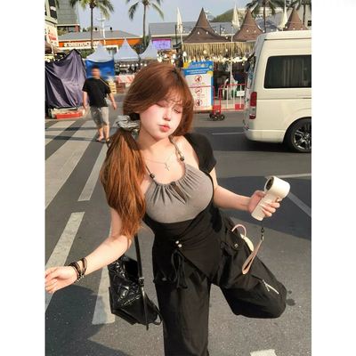 胖MM美式辣妹拼接假两件上衣女
