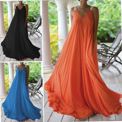 Full length dress with deep V-neck halter and large hem susp