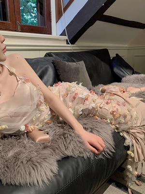 viola【High Line】法式复古超仙气质网纱拼接手工花朵长裙礼服