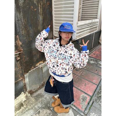 AONW美式复古宽松短款狗狗满印慵懒风连帽开衫卫衣女长袖外套上衣