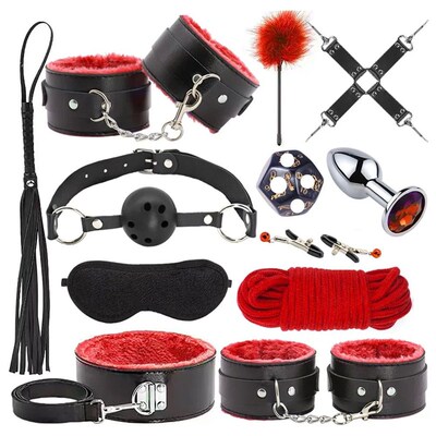 Erotic Toys Kits Handcuffs Eye Mask Whip Oral Plug Nipple