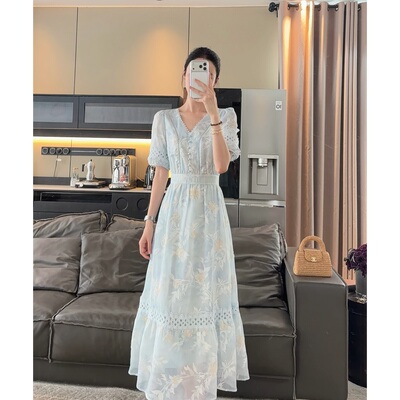 Zwinnie/詹维尼【蓝田玉】短袖V领连衣裙 GYT202673