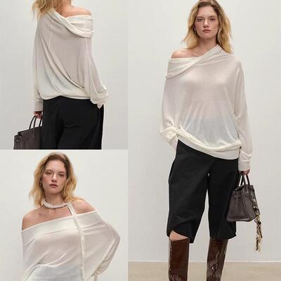 【XSPACE】Dpercent丨象牙白莱赛尔针织衫一字肩两穿宽松长袖上衣