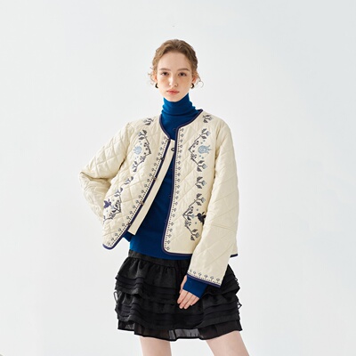 【花鸟刺绣】茶愫言同款东方诗意匠心绣花菱格绗缝棉服女2026春新