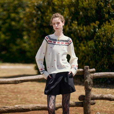 【费尔岛风】茶愫言同款圆领绵羊毛绣花肌理针织衫毛衣2026春新女