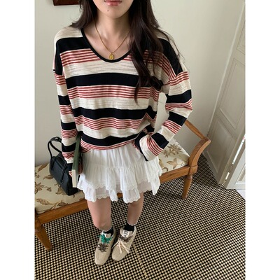 3th Morning 早秋新款 慵懒风休闲撞色条纹T恤打底衫ZY3226