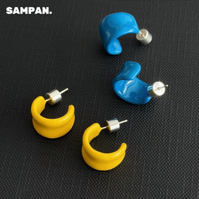 春夏彩色耳饰925银针珐琅C形耳钉女简约小众糖果色百搭耳钉耳环