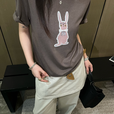 买手严选-泡菜馆-26夏上新米可长耳朵印花珠绣短袖T恤wt6103