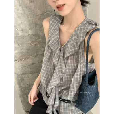 MZI STUDIO-风中押韵韩调荷叶边v领格纹复古盐系淡人背心157572#