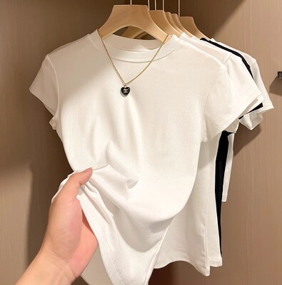 HXS高弹柔软亲肤 瘦瘦T恤白色短袖女半高领打底衫女气质小圆领