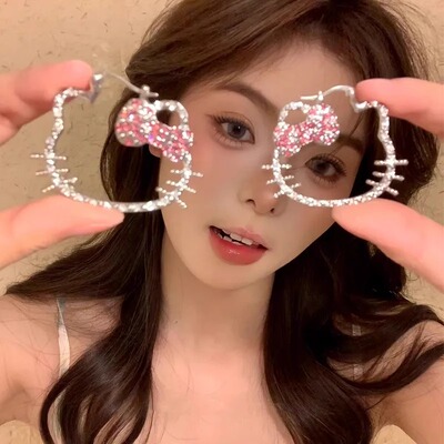 满钻KT猫镂空耳环耳扣精致高级感新款爆款耳钉甜美可爱百搭耳饰品