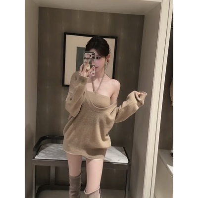 *暖调焙茶* yjy挂脖羊绒羊毛舒服大U领罩衫挂脖背心毛衣两件套