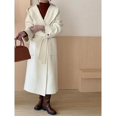 高端绒感经典蓝色羊毛大衣连帽官网秋冬双面羊绒大衣毛呢外套