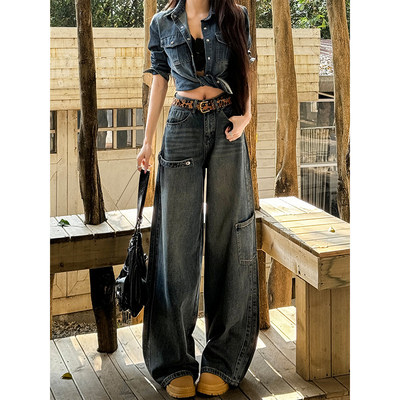 郑小亮美式工装弯刀牛仔裤女高腰2026年新款宽松阔腿拖地裤洋气
