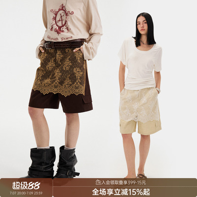 DIDDIMODA蕾丝拼接宽松休闲透明黄工装直筒中裤女2026新款夏