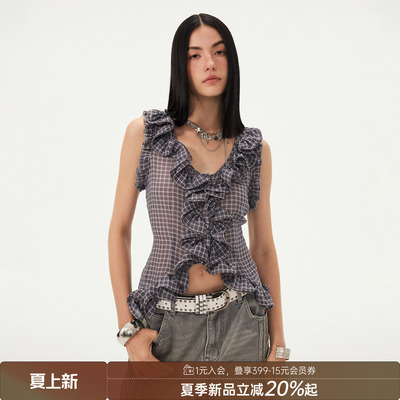 DIDDIMODA立体花边修身收腰v领灰紫格纹背心上衣女夏2026新款