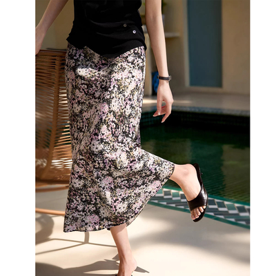 度假风薄款真丝碎花半身裙高腰