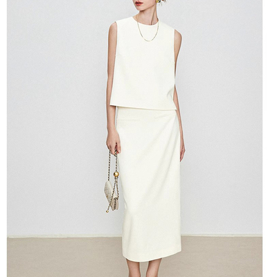 后开叉气质纯色半身裙中长款夏