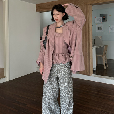 fifth 春夏穿搭女装新款oversize时尚宽松条纹西装花苞抹胸套装