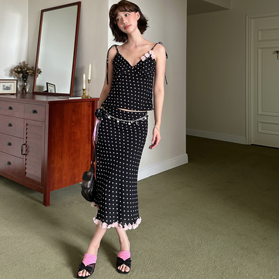 挂脖波点吊带鱼尾裙套装