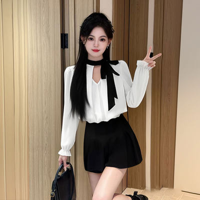 2026春季新款女黑白衬衫气质显瘦长袖上衣裤子套装两件套D3276