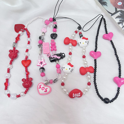 少女心ins风新款手机壳挂绳喜庆新年红色相机链条ccd装饰珠链小众