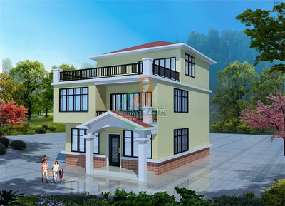 8.88*12米三层农村小别墅设计图纸自建房平立面外观效果图造房子
