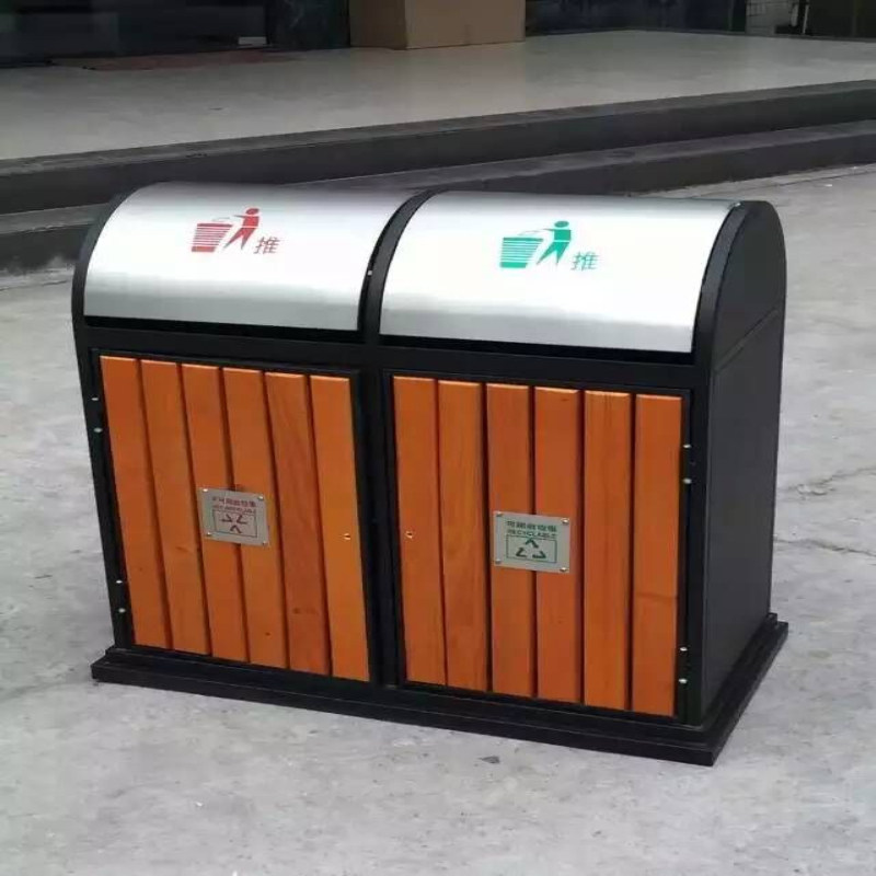 摇盖式钢木分类垃圾箱户外环卫垃圾桶双筒环保防腐木条果皮回收箱