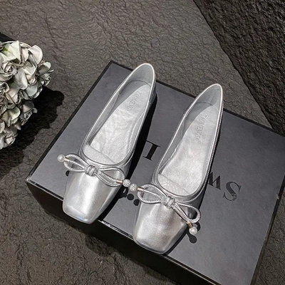 555-59惠东达圆头结浅口软底方头珍珠芭蕾银色单鞋女