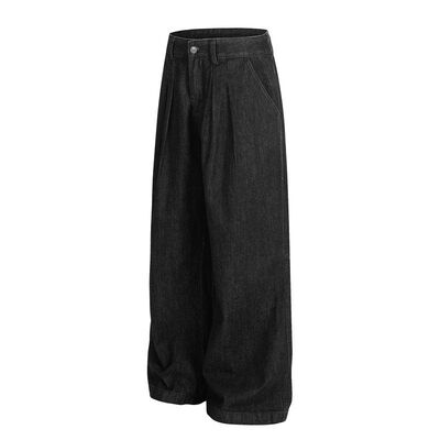 DC+G6848美式复古打褶原牛色丹宁直筒阔腿男女A字型休闲牛仔裤子