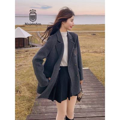 正品2025冬新款灰色英伦学院风双面呢羊毛西装外套女毛呢大衣西服