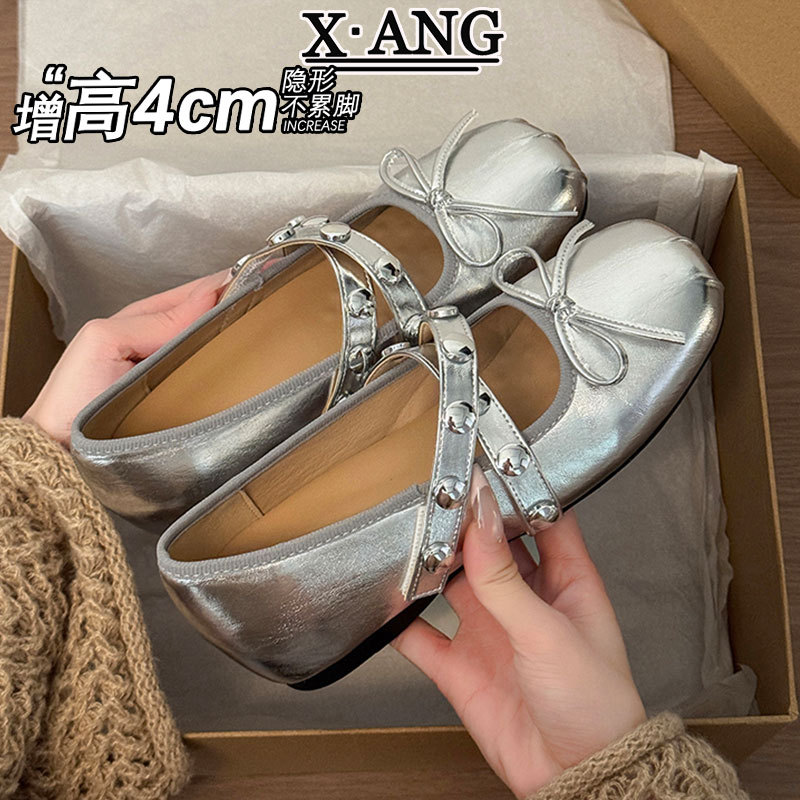 现货~银色内增高玛丽珍鞋子女鞋软底不累脚浅口单鞋子通勤小皮鞋