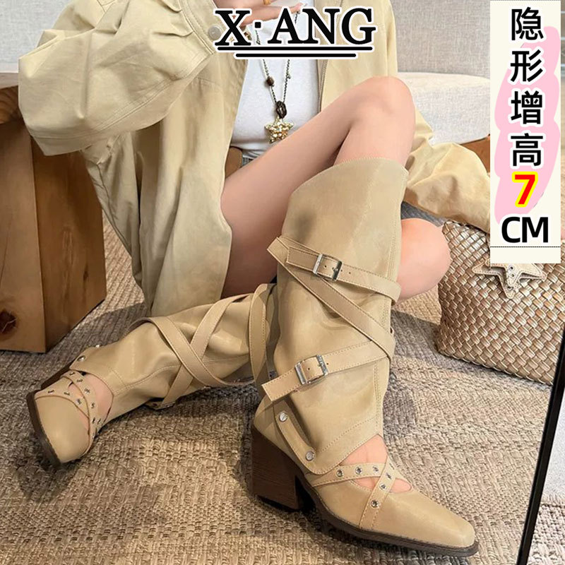 辣妹风夏季褶皱堆堆凉靴女小个子高跟长筒靴可拆卸粗跟玛丽珍女鞋