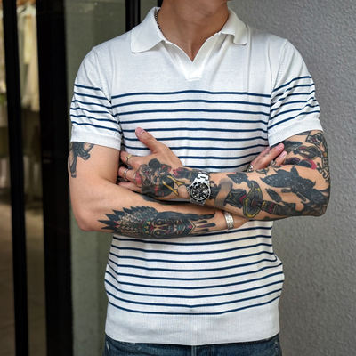 经典蓝白条纹无扣设计Polo海魂衫